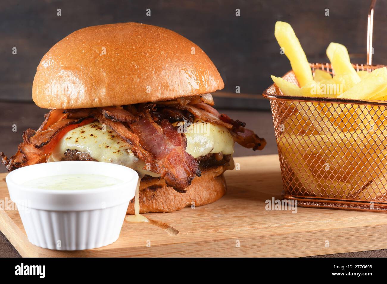 beef hamburger sandwich with brioche bun cheese and french fries Stock ...