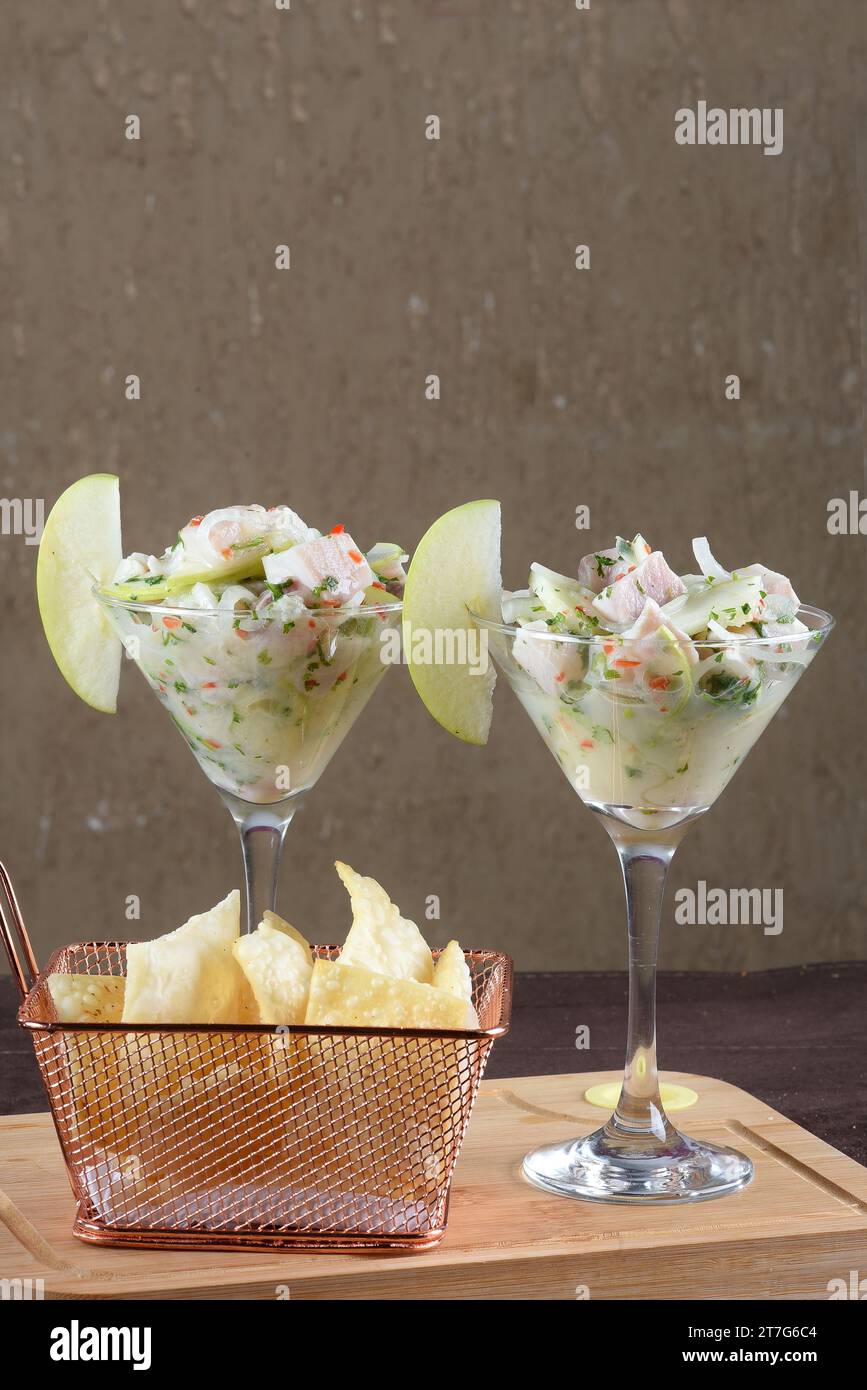 Ceviche dish of Peruvian and South American cuisine raw fish or shrimp ...