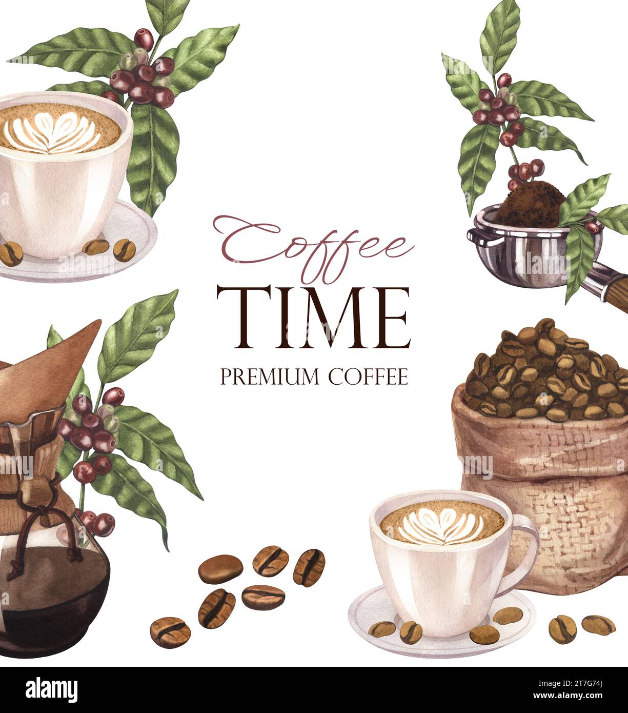 Watercolor frame of coffee elements collection. Hand-drawn illustration ...