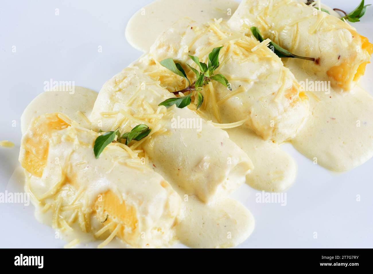 tasty rondelli pasta and cannelloni in white sauce with parmesan cheese ...