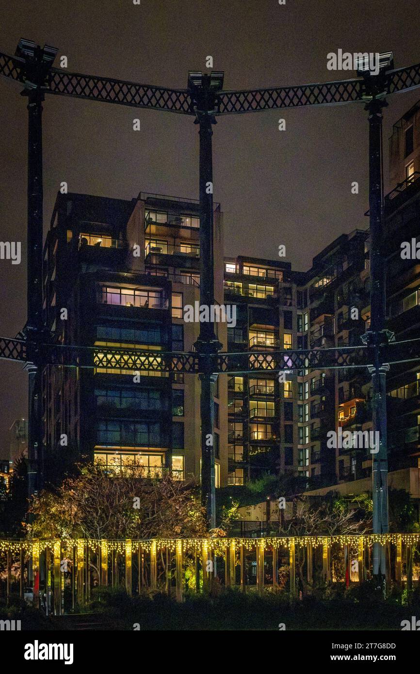 Gasholder Park at night, St Pancras Basin, King's Cross, London, UK ...
