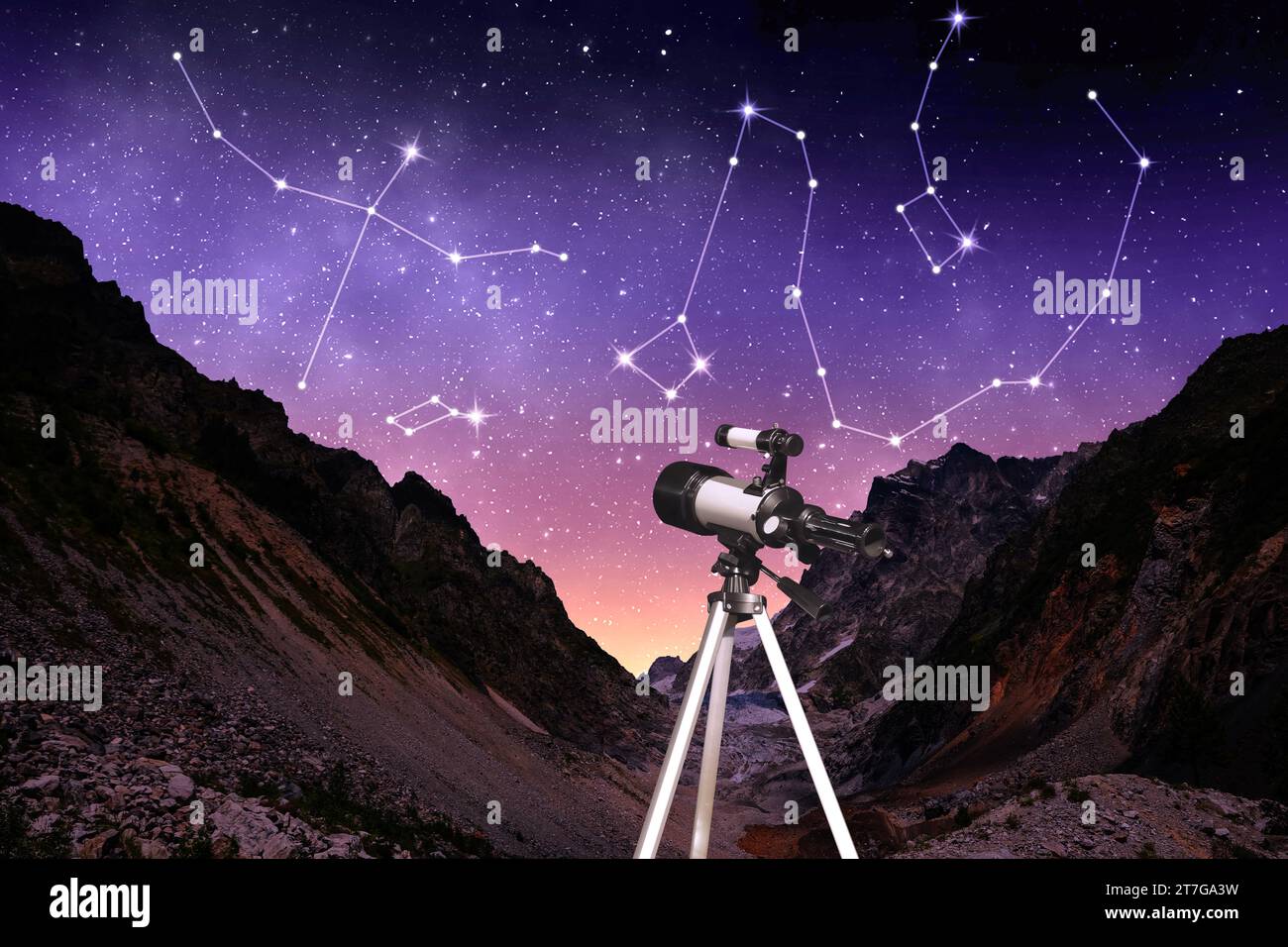 Different constellations in starry sky over mountains at night ...