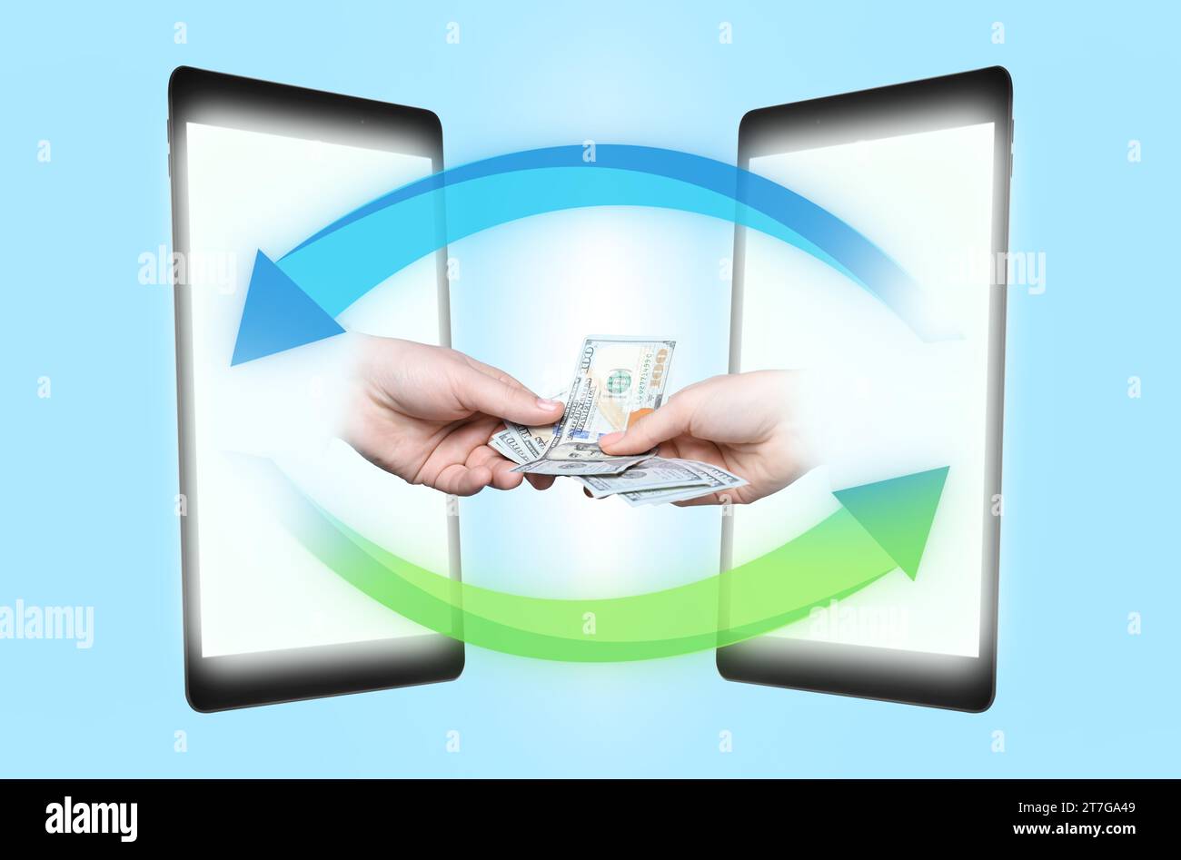 Online money transfer. Man giving dollar banknotes to woman, closeup ...