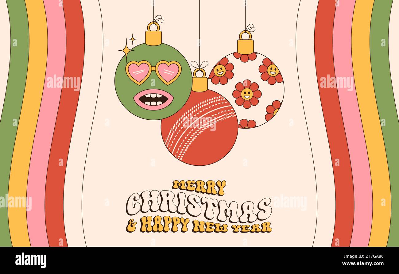 cricket Merry Christmas and Happy New Year groovy Sports greeting card ...