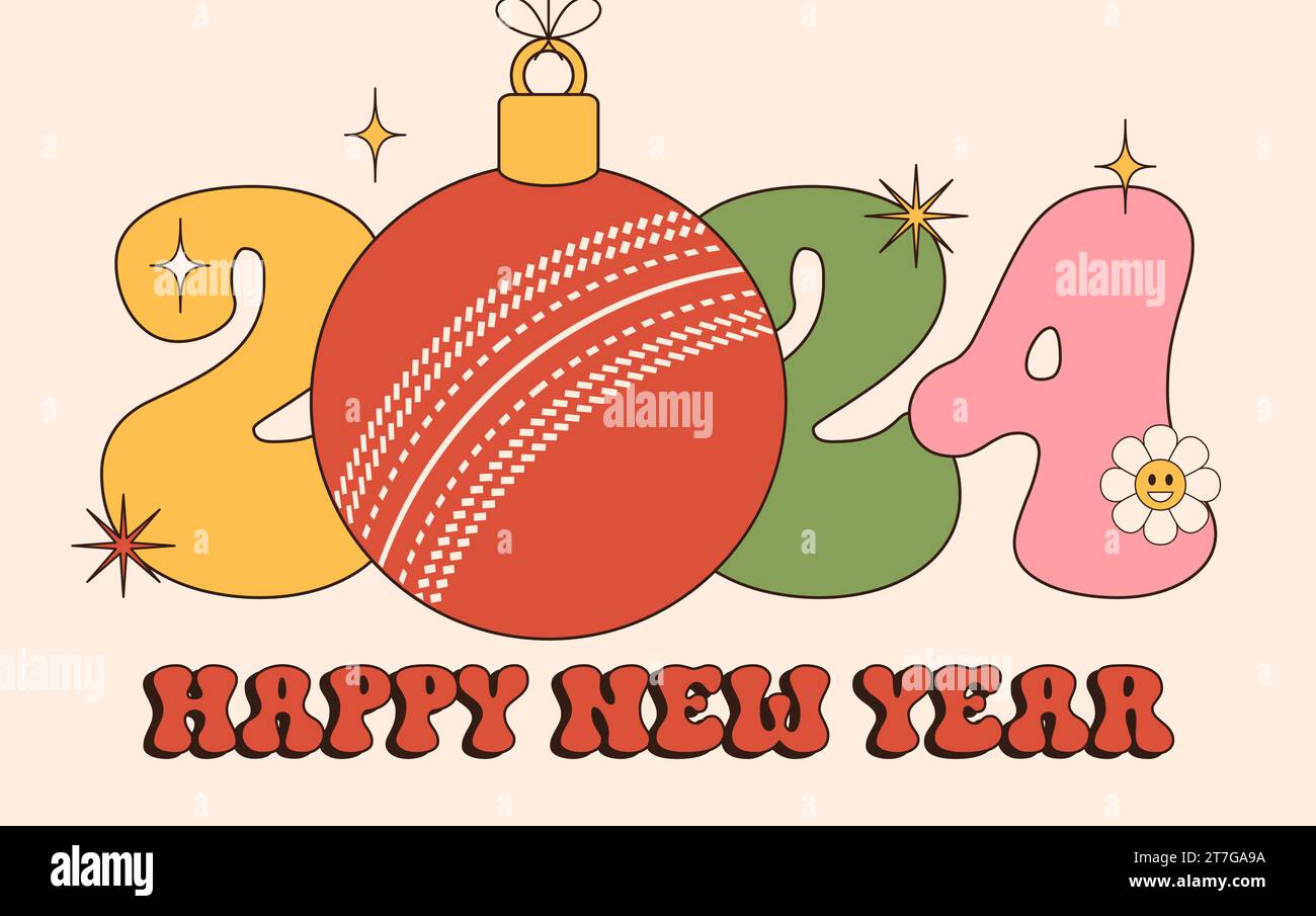 cricket Groovy Happy New Year 2024 with ball. Sports groovy greeting ...
