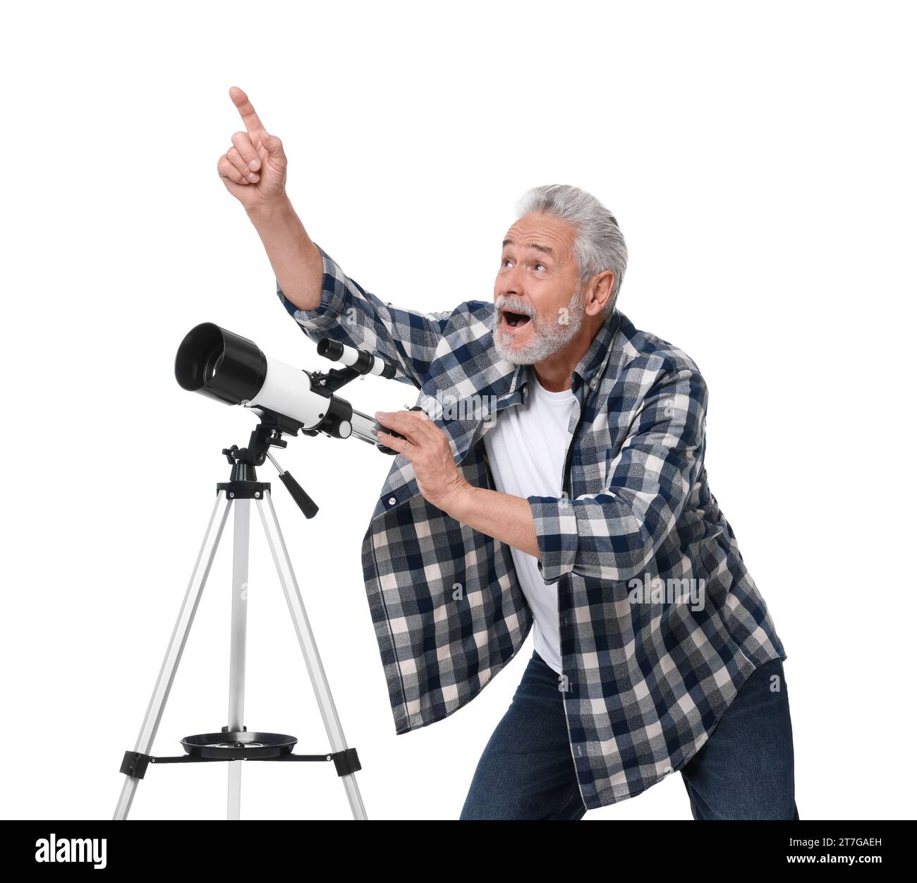 Excited senior astronomer with telescope on white background Stock ...