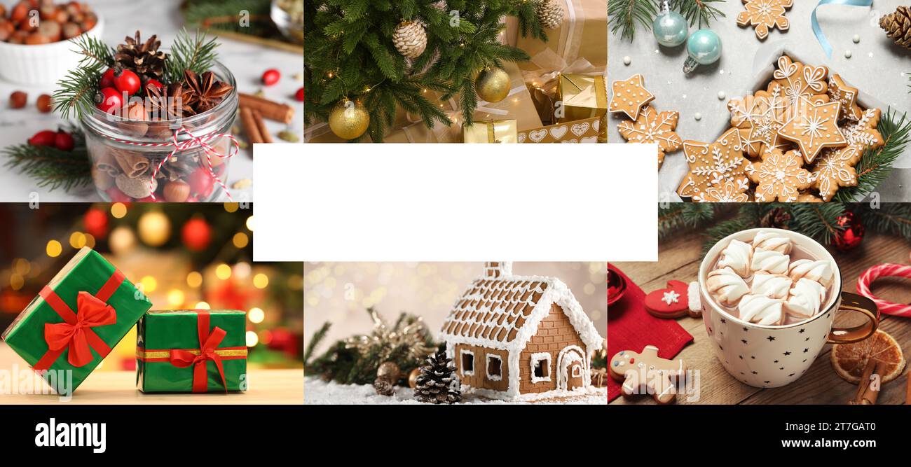 Photos of Christmas holidays combined into collage. Banner design with ...