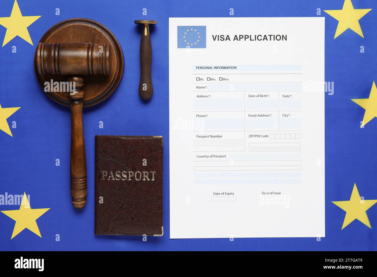Immigration to Europe. Flat lay composition with visa application form ...