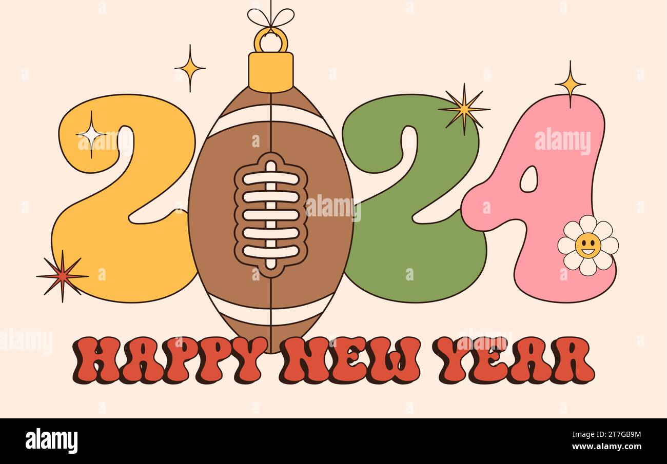 rugby Groovy Happy New Year 2024 with ball. Sports groovy greeting card ...