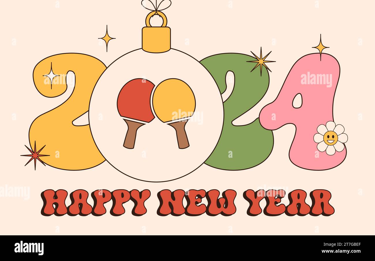 ping pong Groovy Happy New Year 2024 with ball. Sports groovy greeting ...
