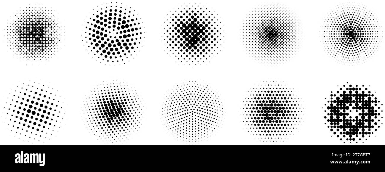 Halftone gradient circles collection. Black dot textured round patterns ...