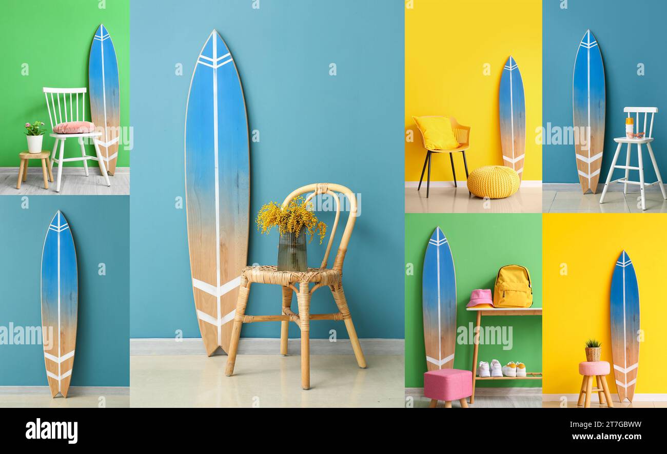Collage with surfboards in interiors of rooms Stock Photo - Alamy