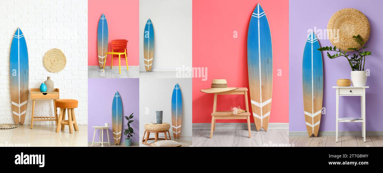 Collage with surfboards in interiors of rooms Stock Photo - Alamy
