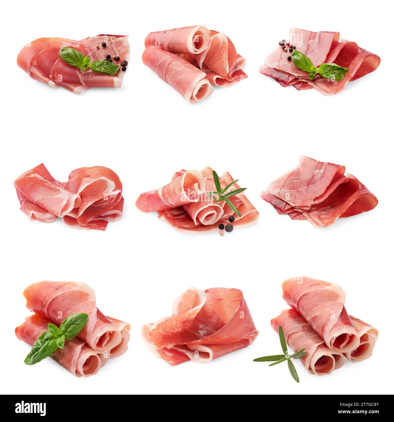 Delicious sliced jamon isolated on white, set Stock Photo - Alamy