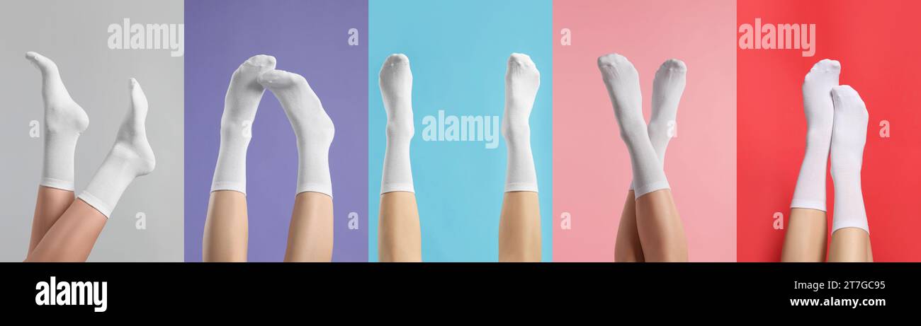 Women in stylish white socks on color backgrounds, collection of photos ...