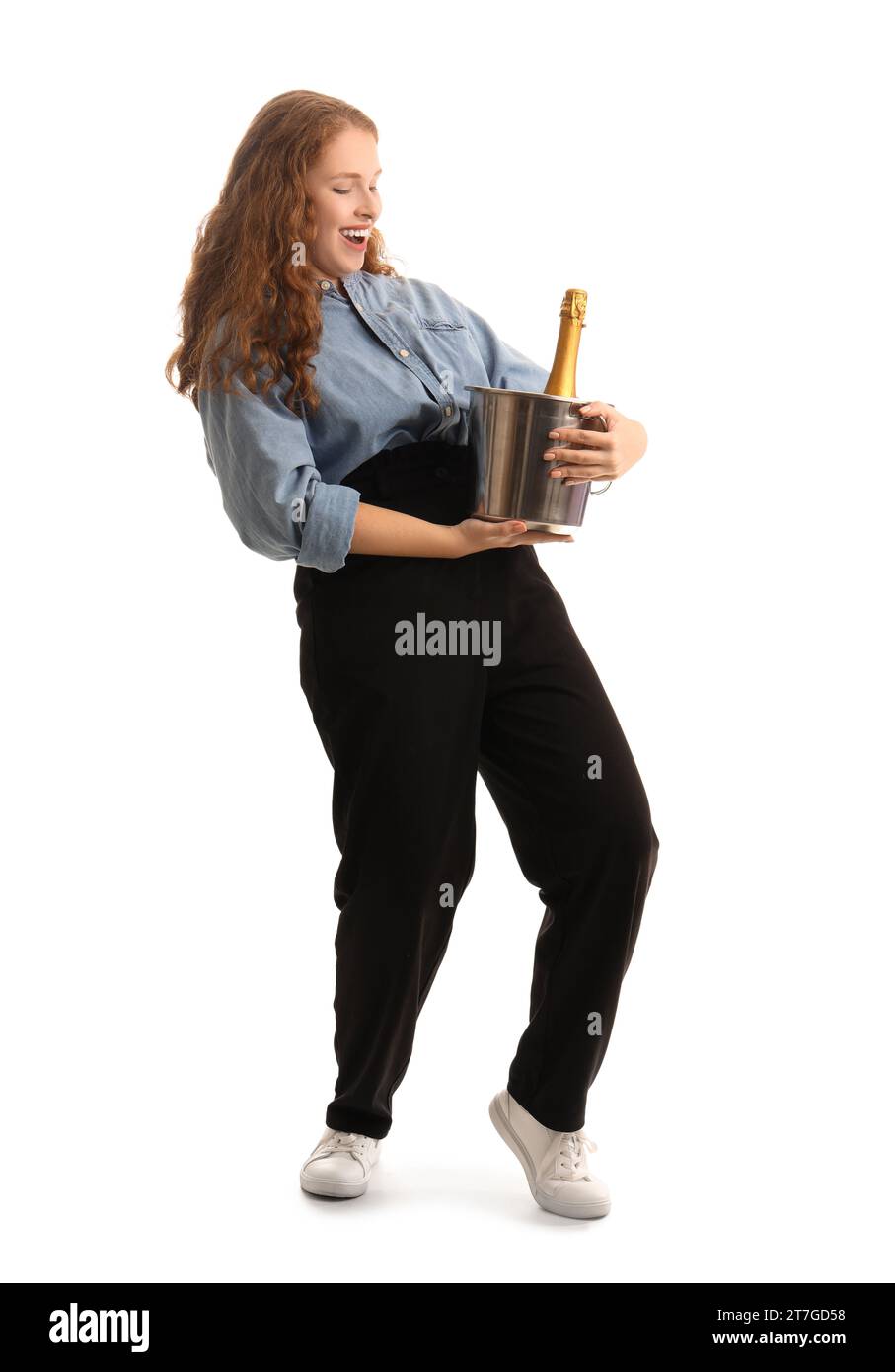 Female bartender with champagne on white background Stock Photo - Alamy