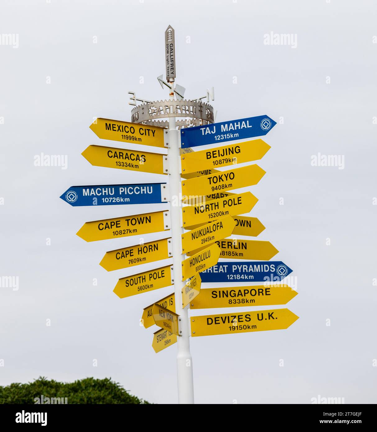 Oamaru sign showing international destinations even a galaxy Stock ...