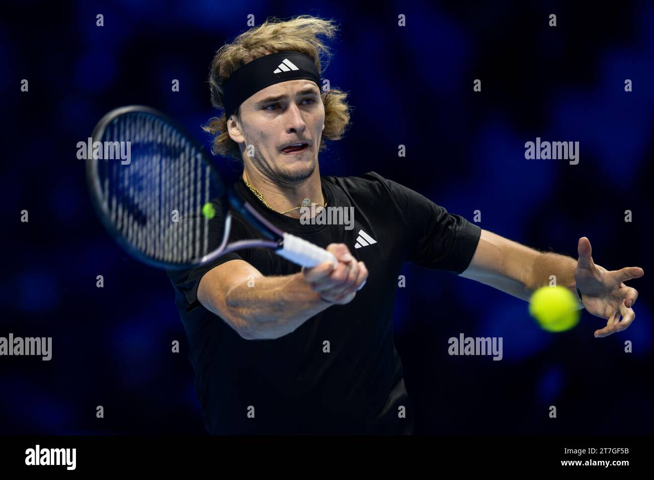 Turin, Italy. 15 November 2023. Alexander Zverev of Germany plays a ...