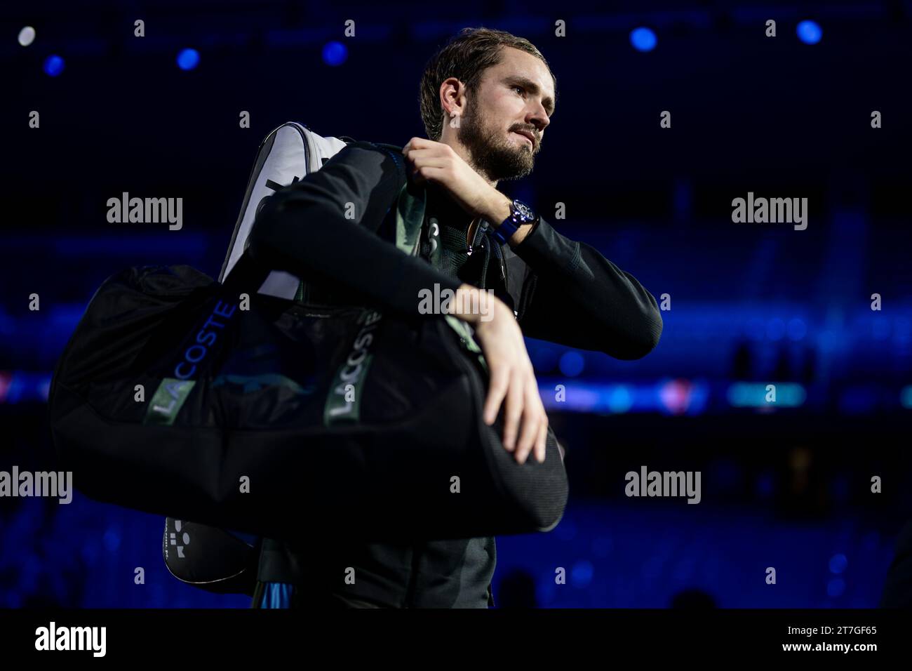 Turin, Italy. 15 November 2023. Daniil Medvedev of Russia looks on at ...