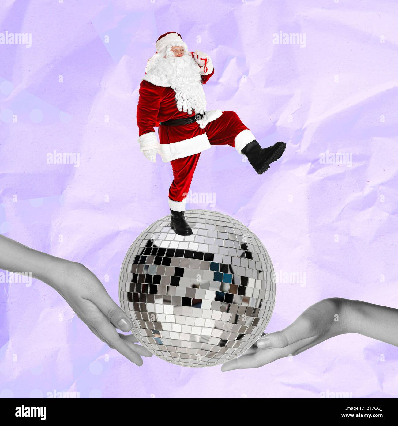 Creative Christmas collage. Santa Claus dancing on disco ball against ...