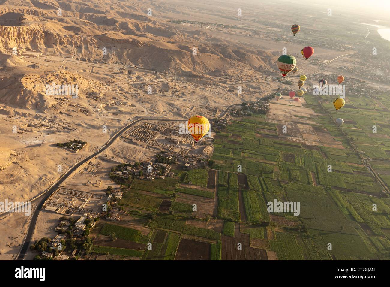 Group of hot air balloons lifting off from lush green fields near arid ...