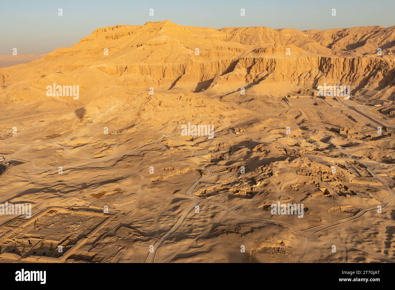 Aerial view of desert and archeological dig sites unearthing the ...