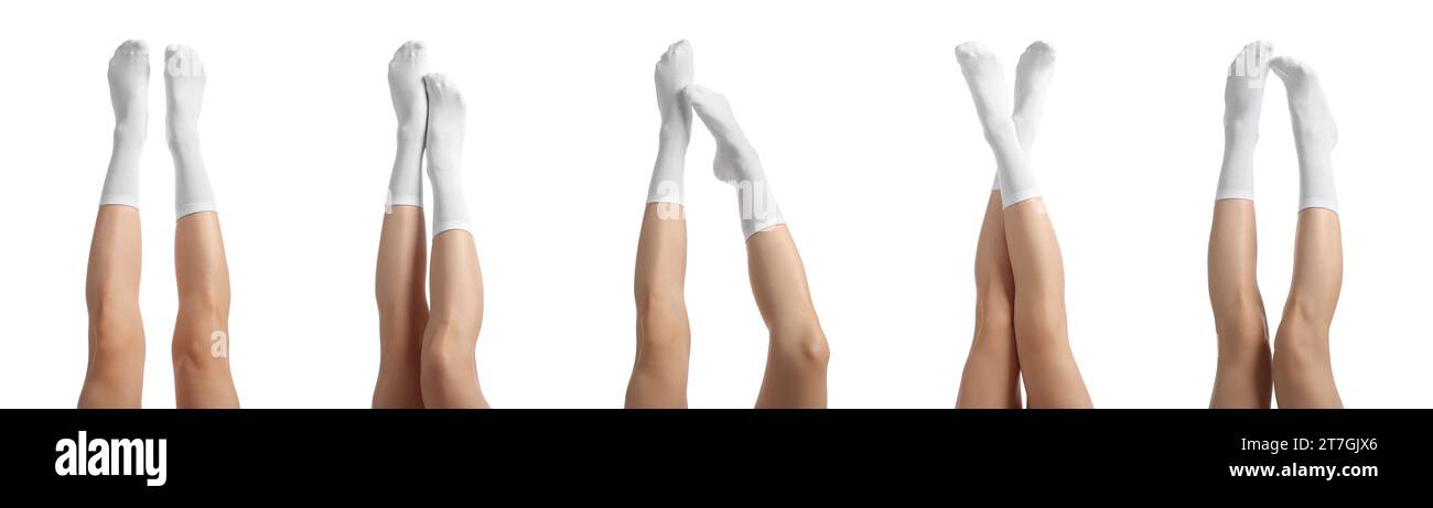 Women in stylish socks on white background, collection of photos Stock ...