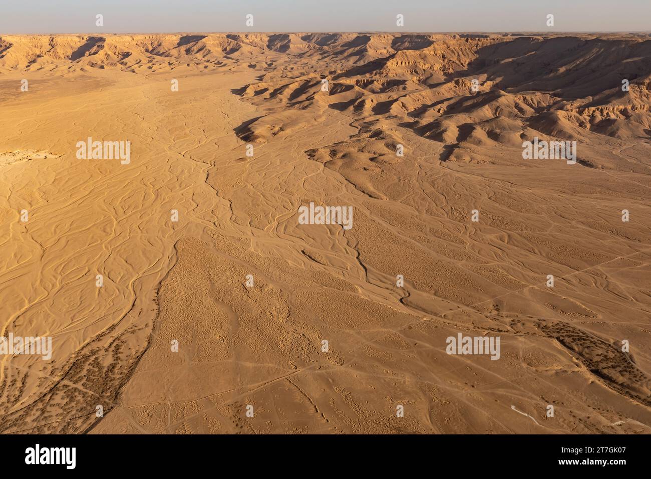 Aerial view of arid desert with braided dry river washes and eroded ...