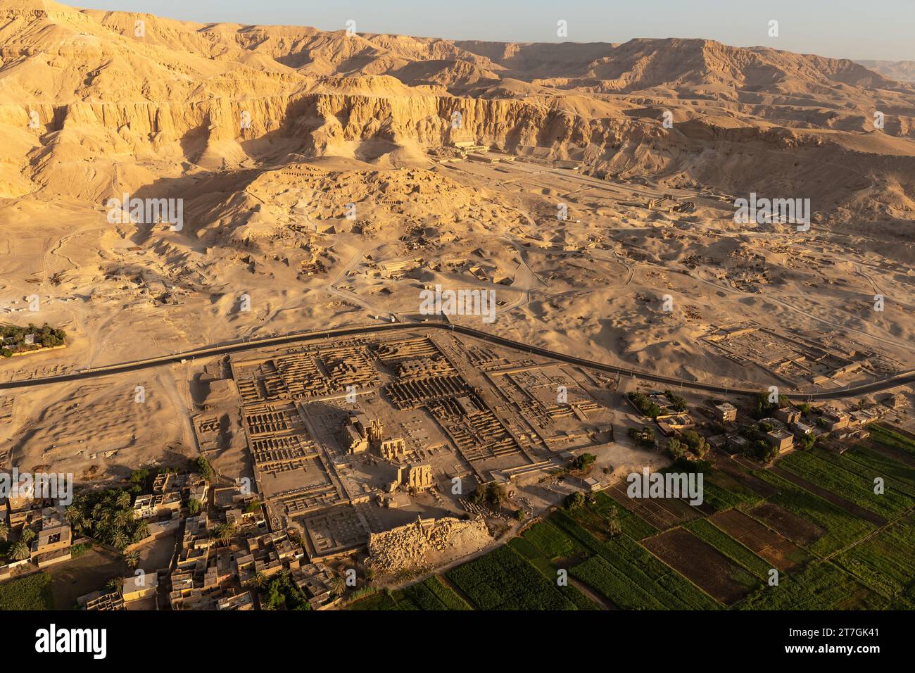 Aerial view of desert and archeological dig sites unearthing the ...