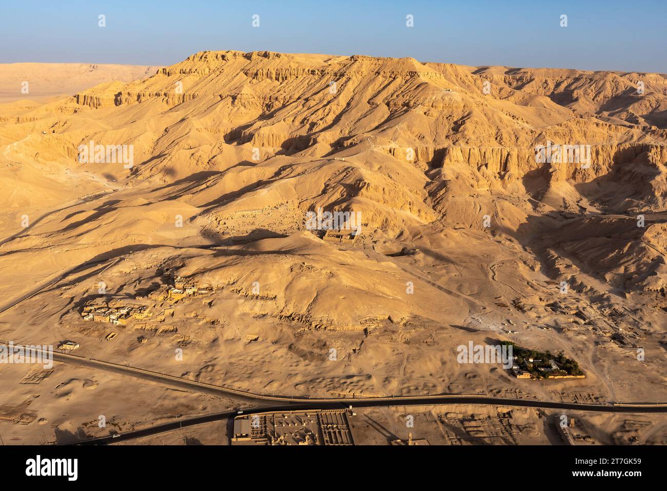 Aerial view of desert and archeological dig sites unearthing the ...