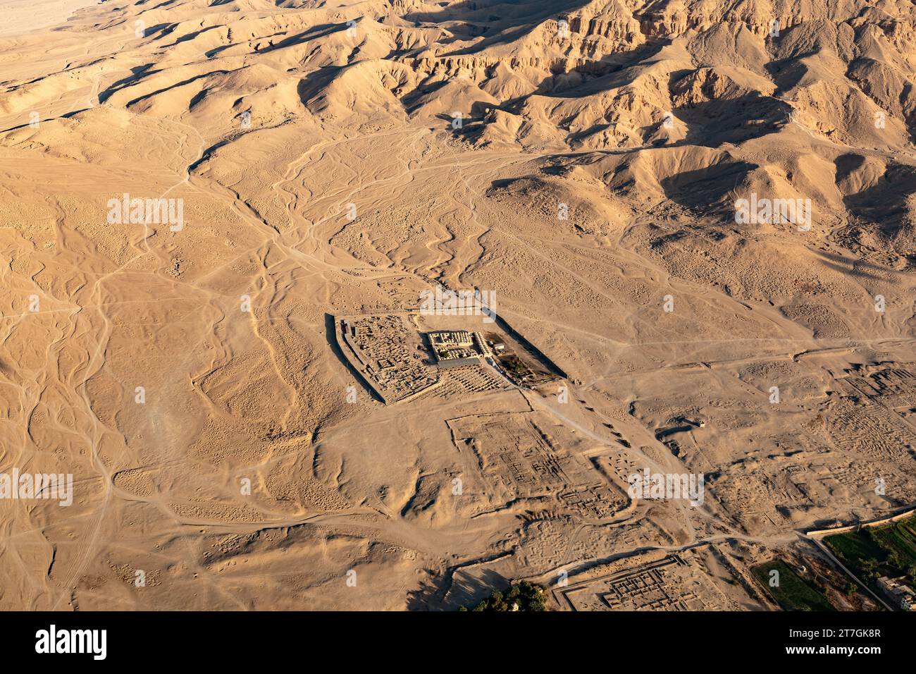 Aerial view of desert and archeological dig sites unearthing the ...