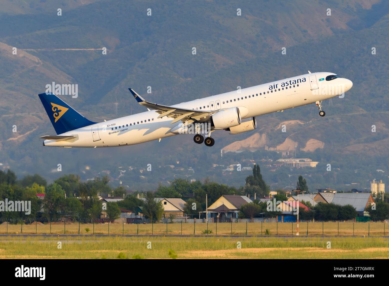 Air Astana Airbus A321neo airplane departing Almaty Airport in Kazakhstan. Aircraft A321 neo of ...