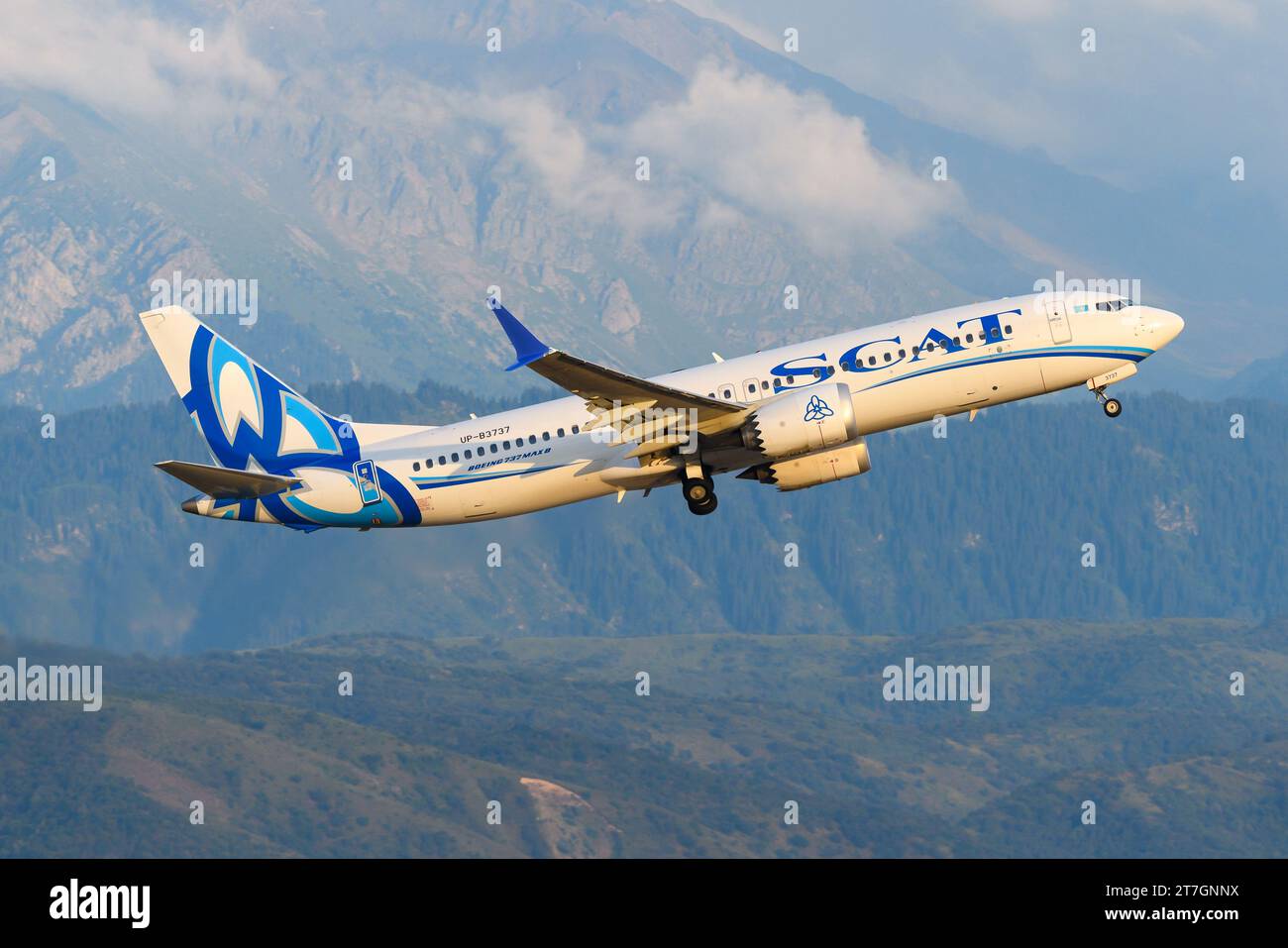 SCAT Airlines Boeing 737 Max airplane taking off from Almaty Airport in ...
