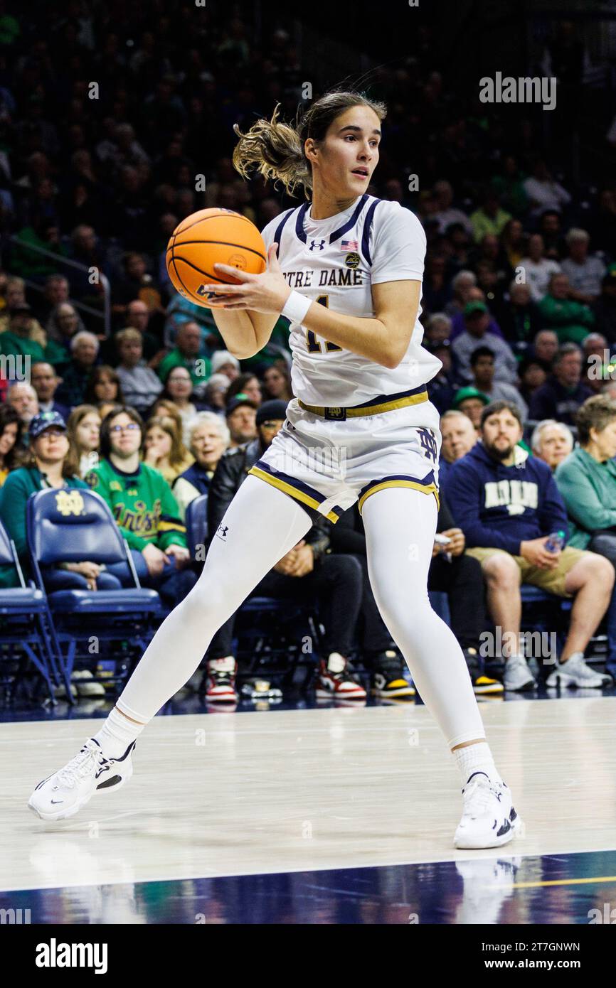South Bend, Indiana, USA. 15th Nov, 2023. Notre Dame guard Sonia Citron (11) grabs the rebound ...