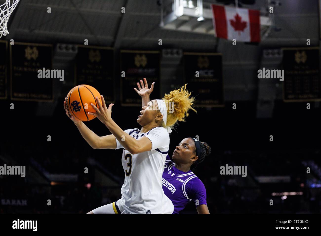South Bend, Indiana, USA. 15th Nov, 2023. Notre Dame guard Hannah Hidalgo (3) goes up for a shot ...