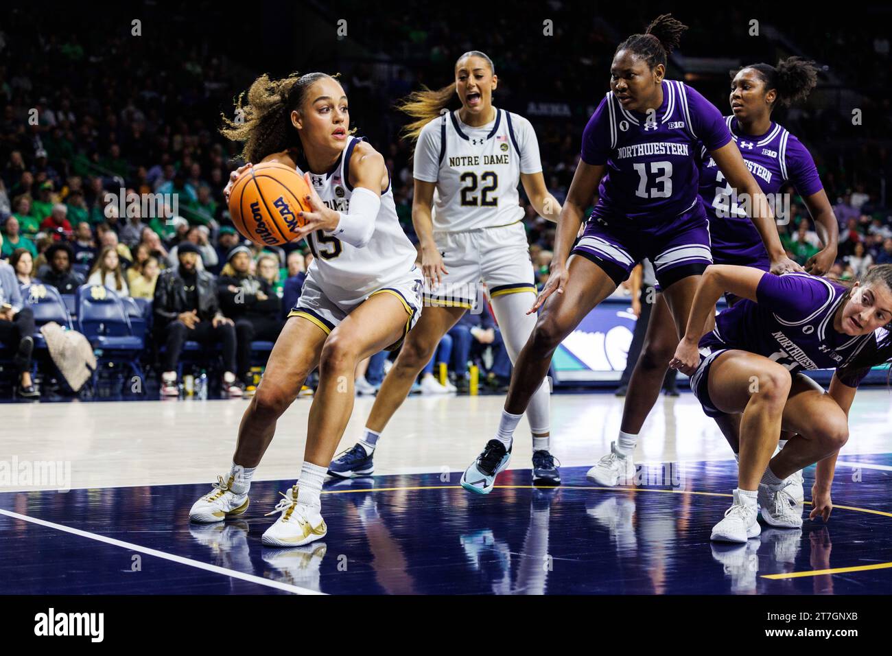 South Bend, Indiana, USA. 15th Nov, 2023. Notre Dame forward Natalija Marshall (15) grabs the ...
