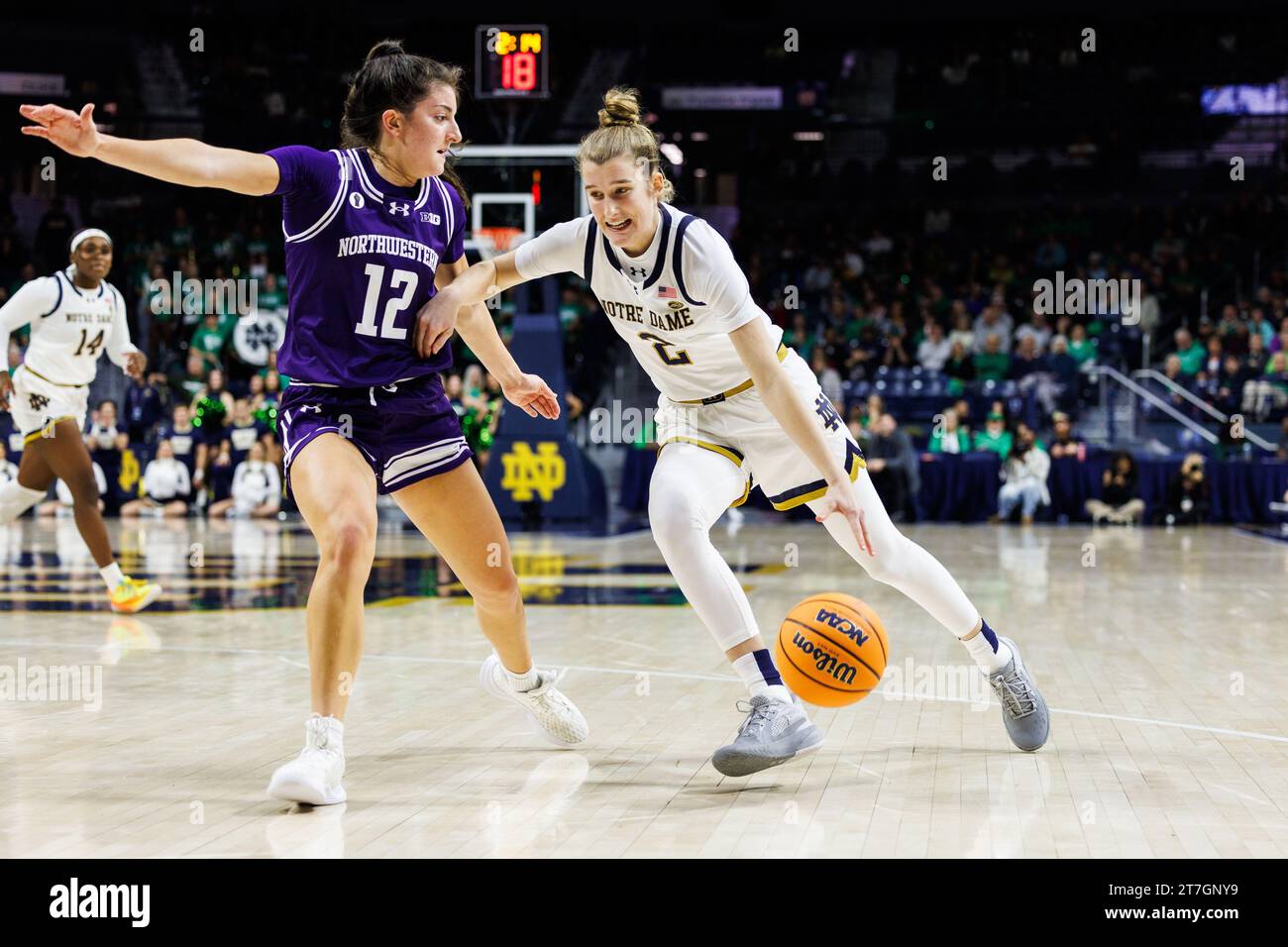 South Bend, Indiana, USA. 15th Nov, 2023. Notre Dame guard Emma Risch (2) drives to the basket ...