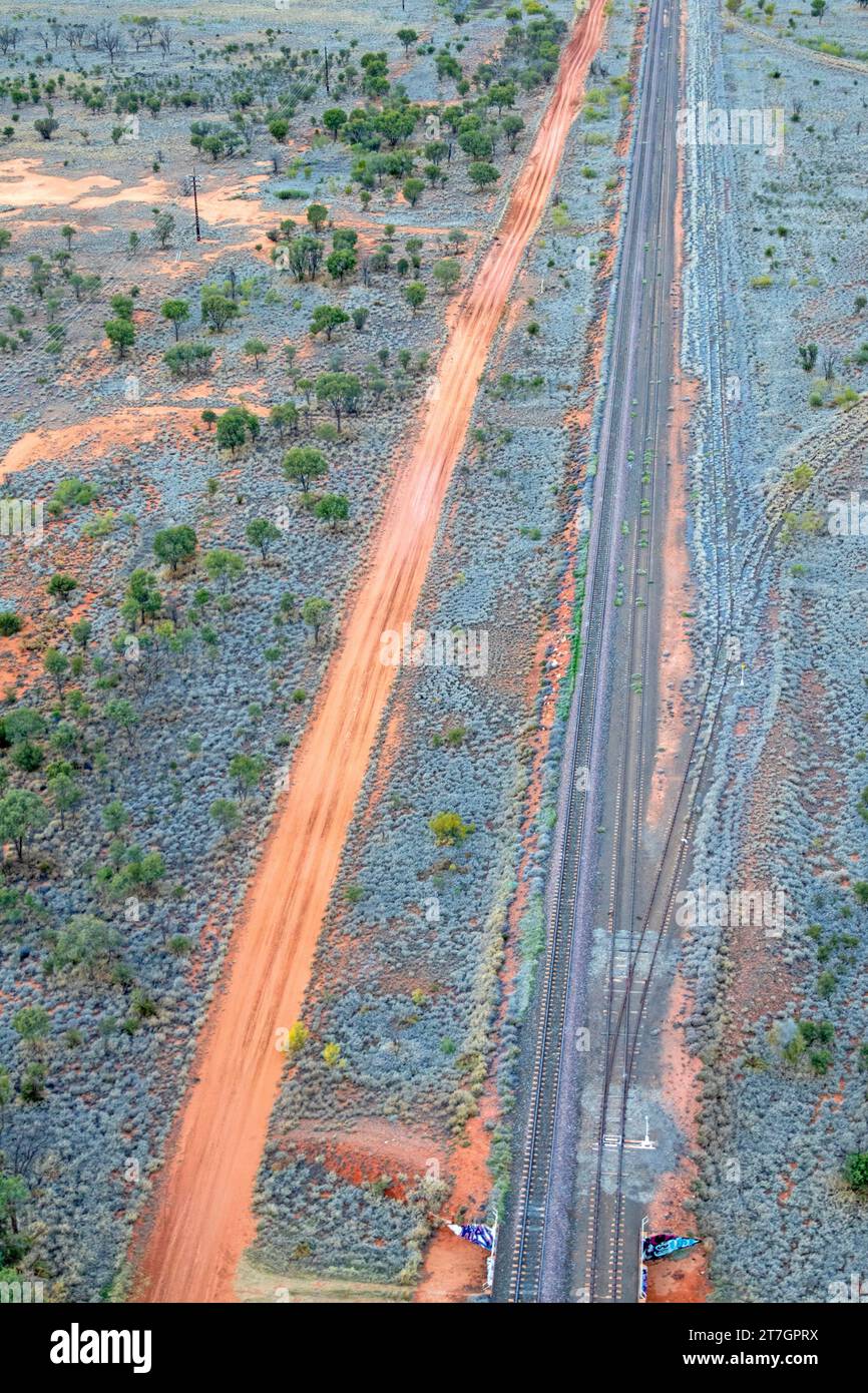 Aerial of the Adelaide-Darwin Ghan railway near Alice Springs Stock ...