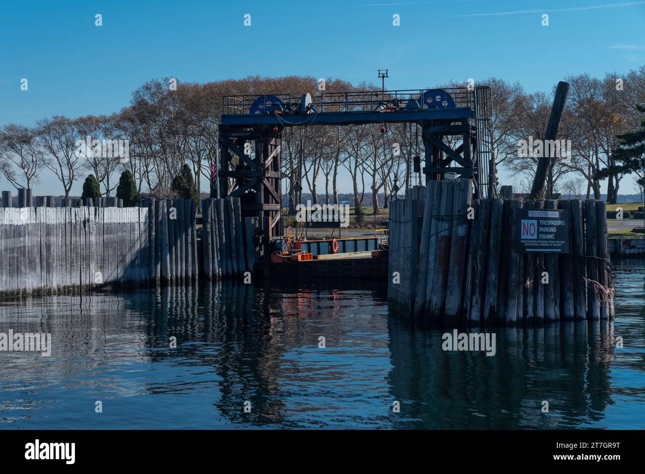 View of landing on Hart Island during press preview of first ever public tours of the island ...