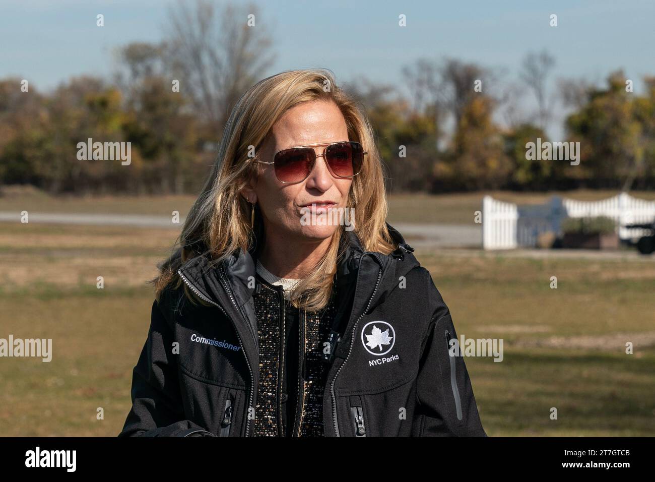 Parks Commissioner Sue Donoghue speaks on Hart Island during press ...