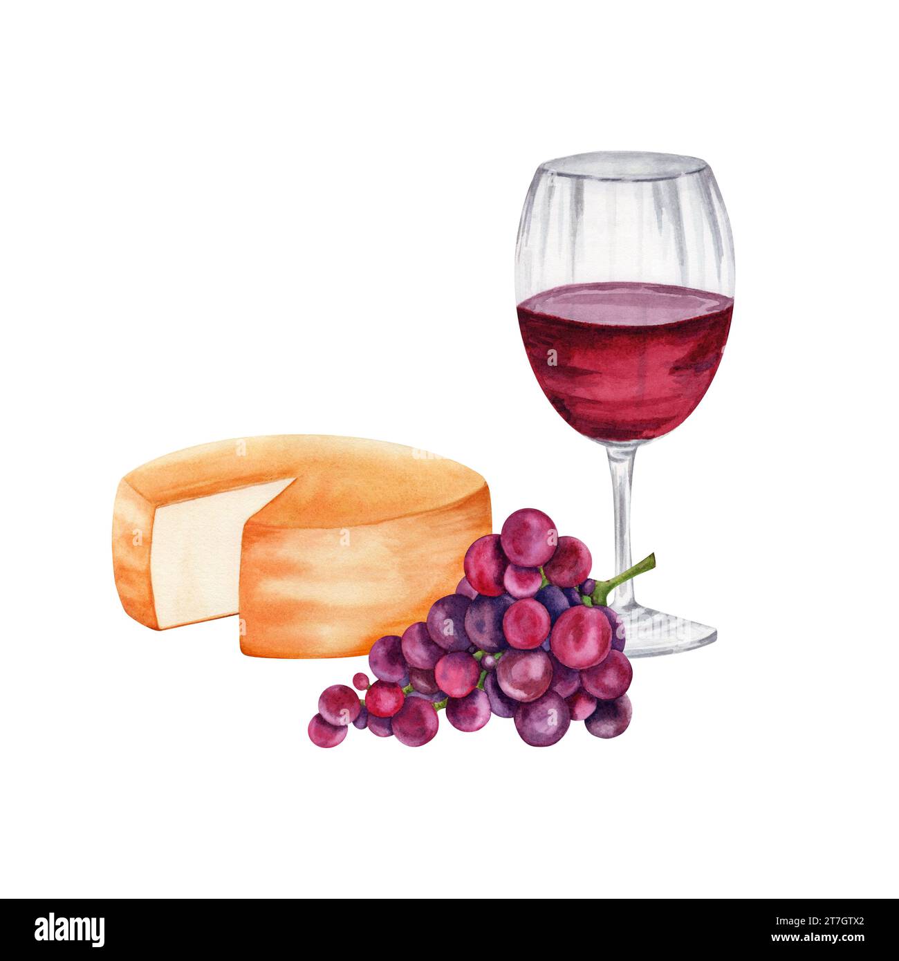 Composition with cheese, a glass with red wine and a bunch of grapes ...