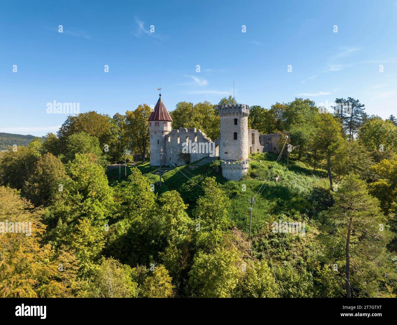 Aerial view of the Honburg castle ruins on the Honberg, above the town ...