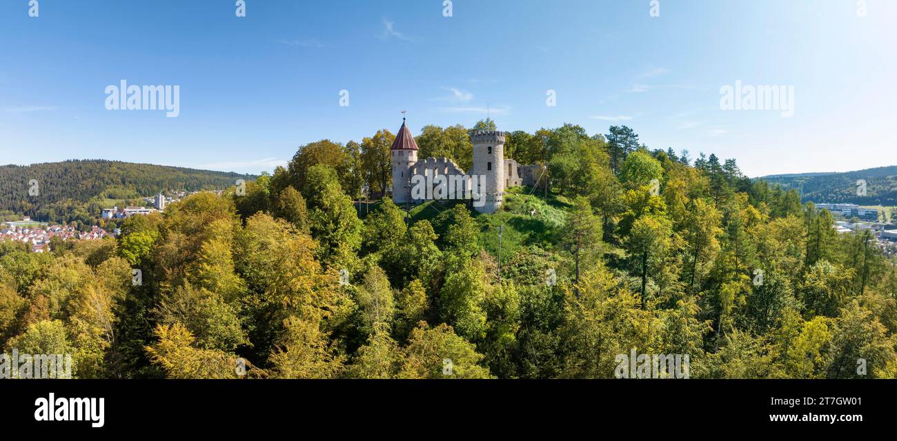 Aerial panorama of the Honburg castle ruins on the Honberg, above the ...