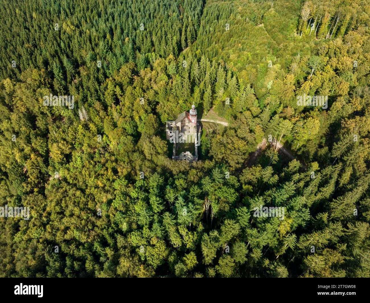Aerial view of the church ruins, Maria Hilf pilgrimage ruins in a ...