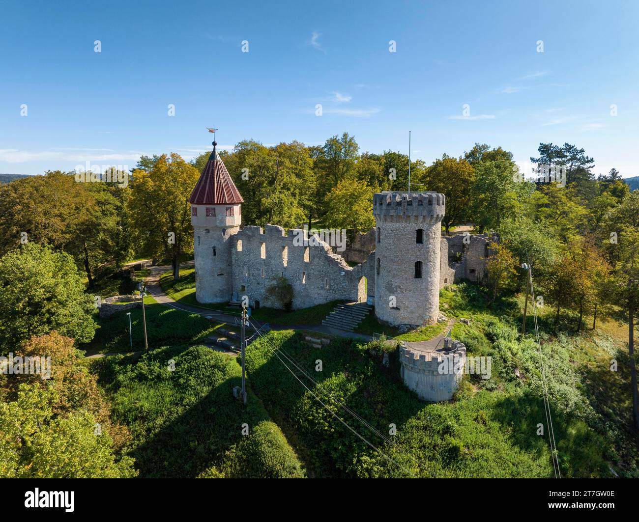 Aerial view of the Honburg castle ruins on the Honberg, above the town ...