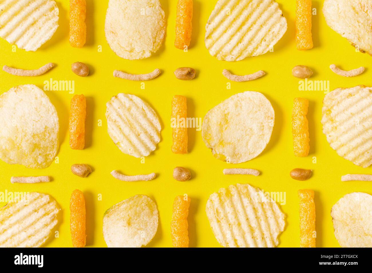 Flat lay potato chips cheesy puffs Stock Photo - Alamy