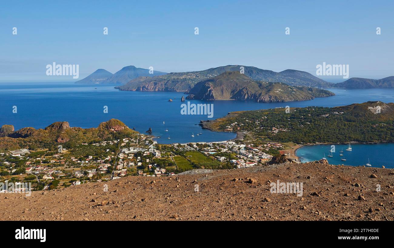 Lava rock, crater rim, harbour, houses, Lipari, Salina, Vulcano ...
