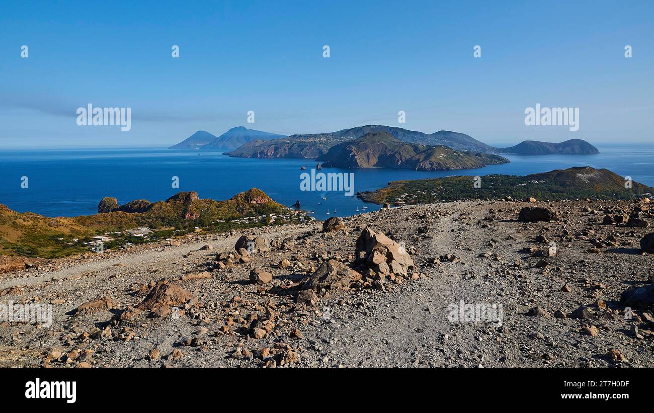 Lava rock, crater rim, Salina, Lipari, Vulcano, Aeolian Islands, Sicily ...