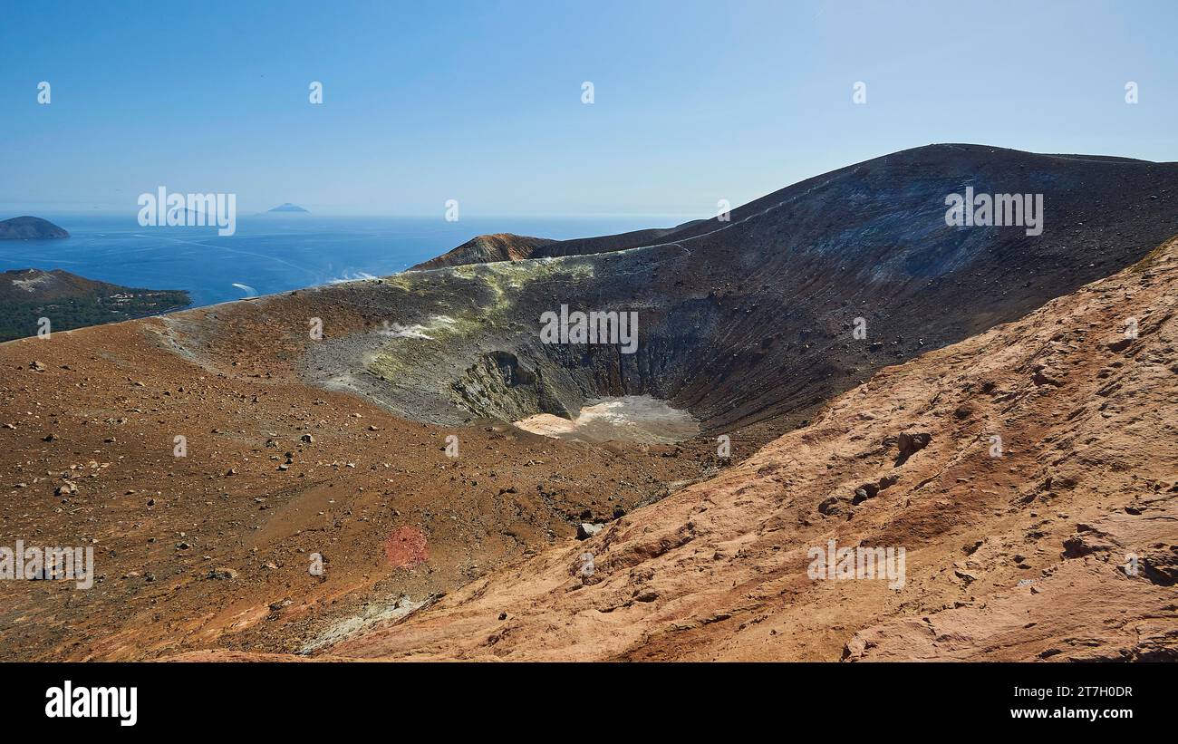 View into the crater, crater rim, red lava rock, Panarea, Stromboli ...