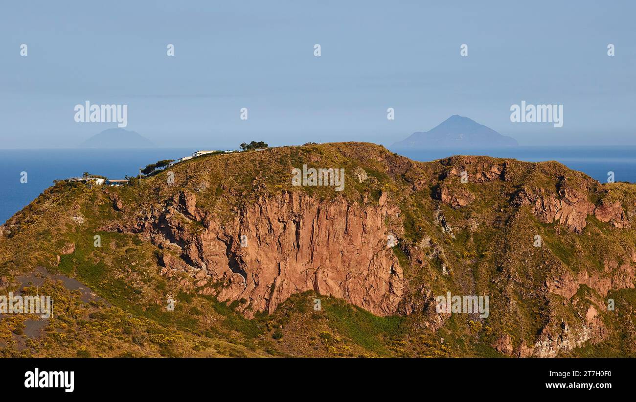 View of mountain wall, houses, other islands, Alicudi, Filicudi ...